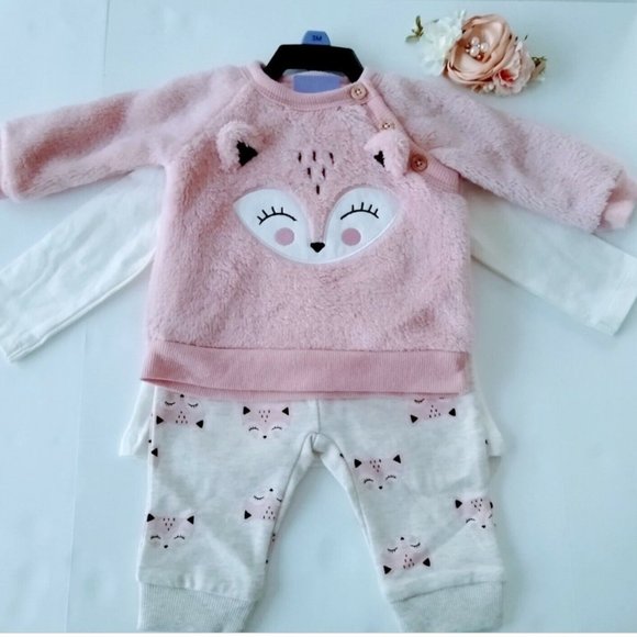Matching Sets | Baby Girl 3 Piece Pink Fox Print Set Size 3 Months ...